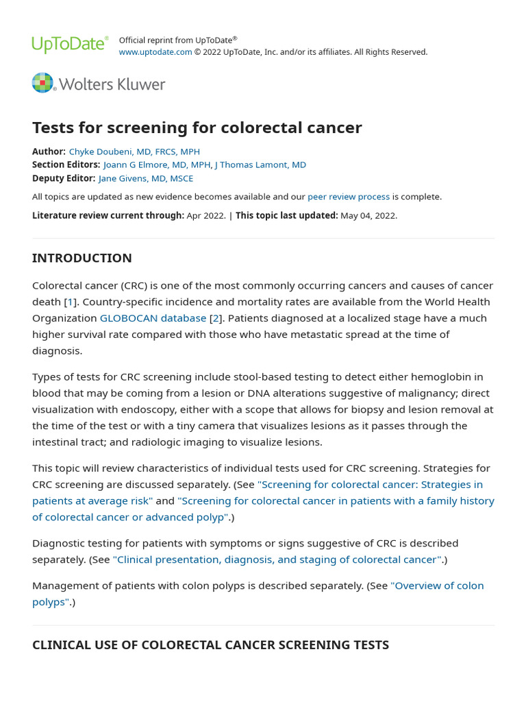Colorectal Cancer Screening Tests Guide | PDF | Colorectal Cancer ...