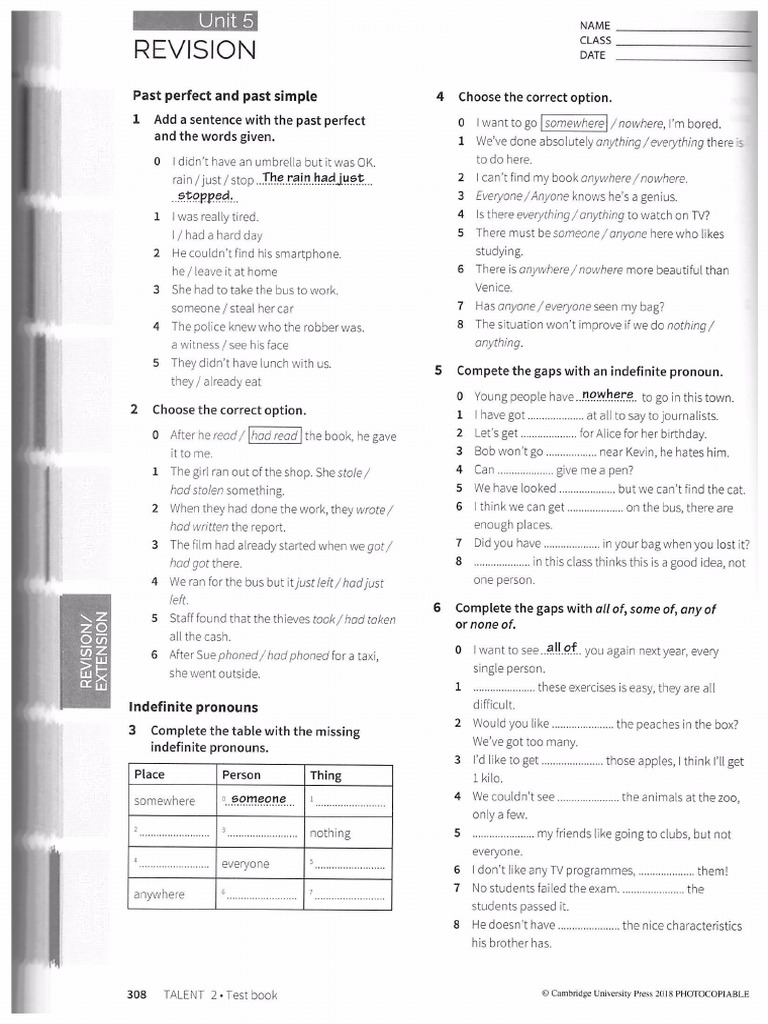 past perfect e indefinite pronouns 2C Classroom | PDF