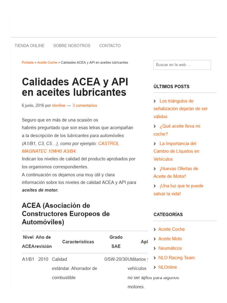 Calidades ACEA y API en Aceites Lubricantes | PDF | Lubricante | Motor ...