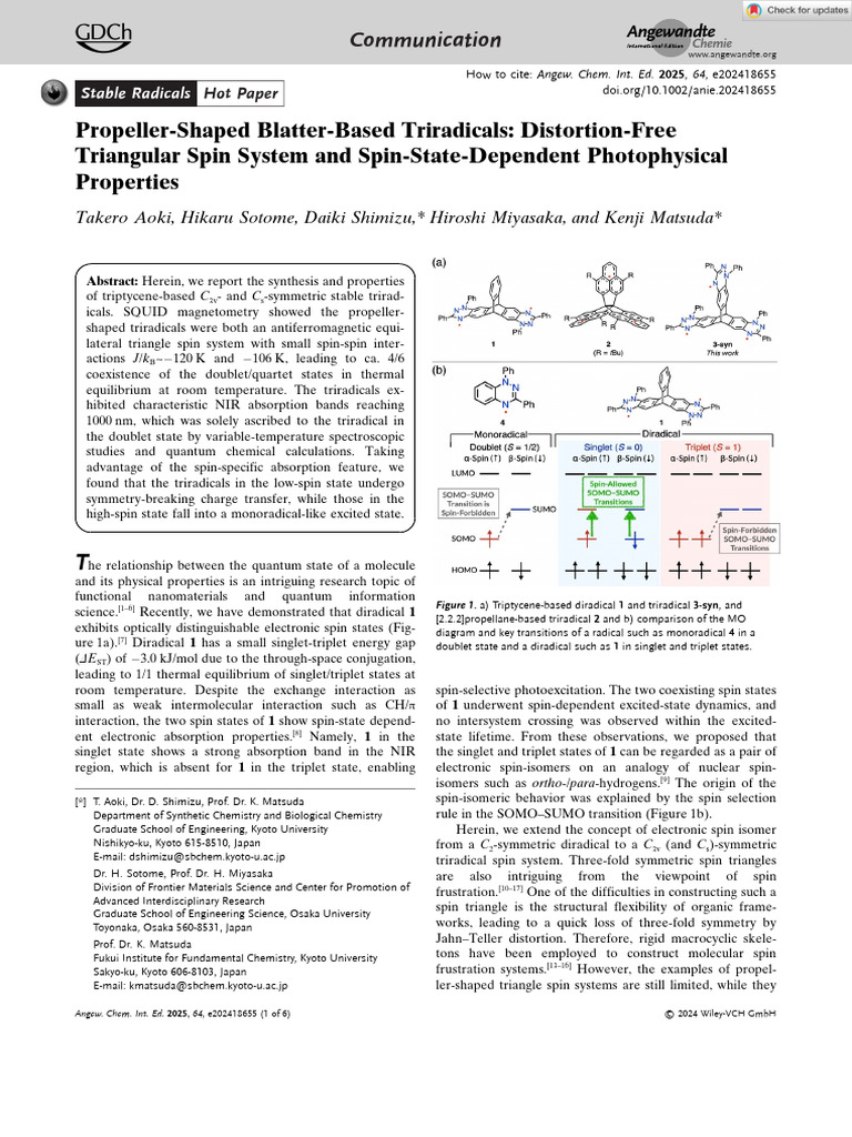 Angew Chem Int Ed - 2024 - Aoki - Propeller Shaped Blatter Based ...