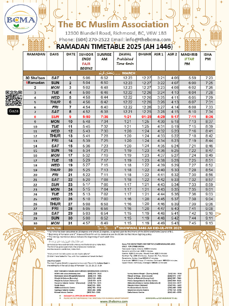 Ramadan Prayer Timetable 2025. | PDF