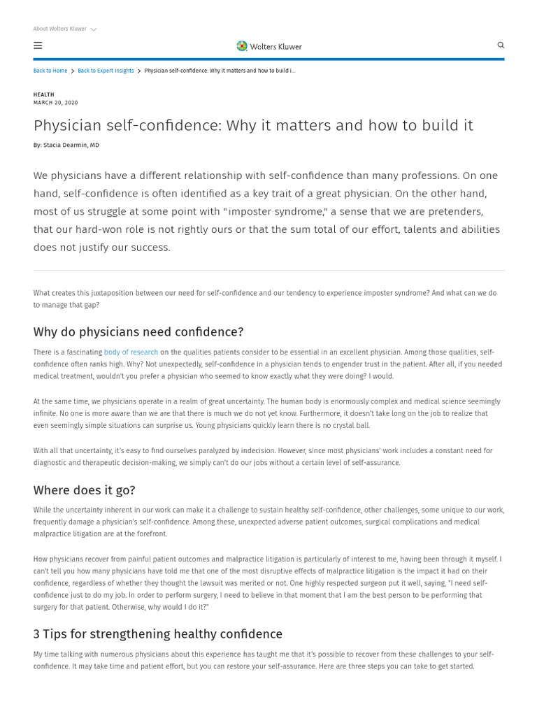 Physician self-confidence; Why it matters and how to build it, Wolters ...