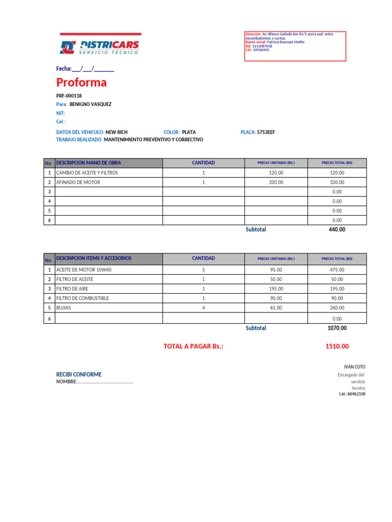 Proforma de Mantenimiento Vehicular | PDF | Motores
