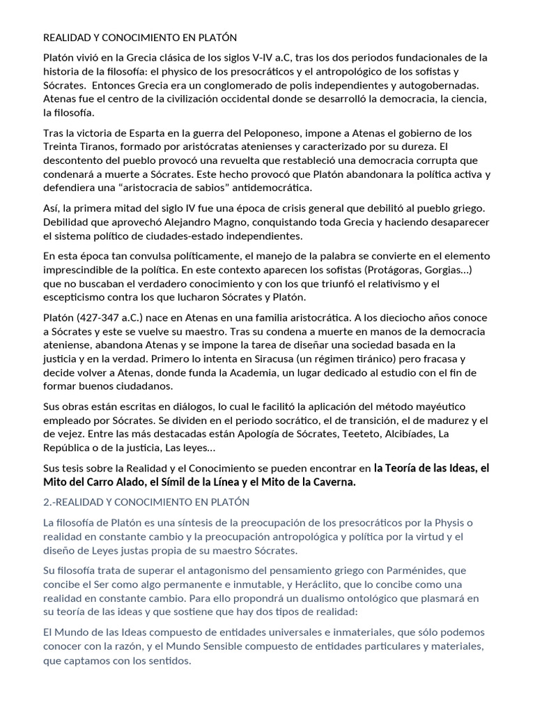 Realidad Y Conocimiento En Platón Pdf Platón Conocimiento