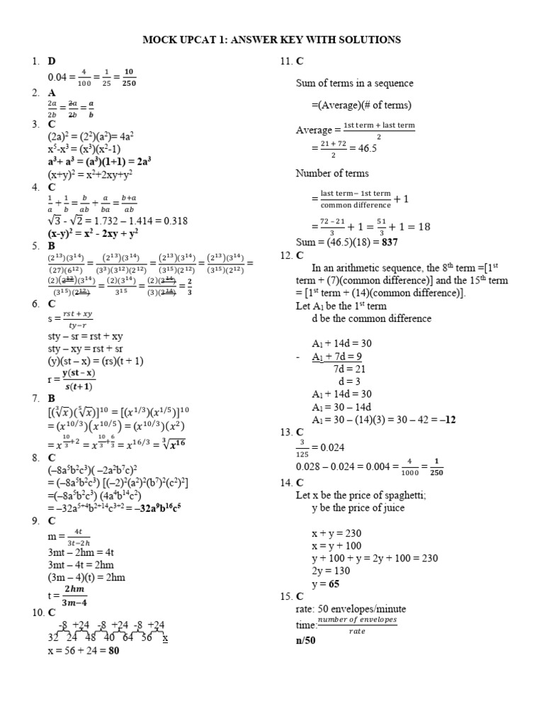UPCAT Mock Exam Answer Key & Solutions | PDF | Rectangle | Triangle