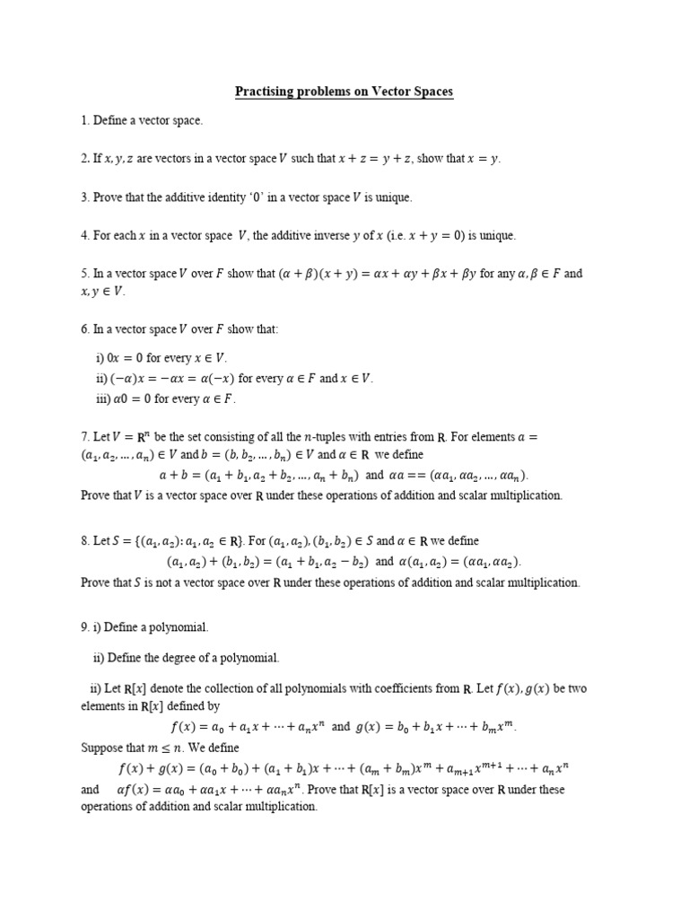 Practising Problems On Vector Spaces | PDF | Scalar (Mathematics) | Mathematical Physics