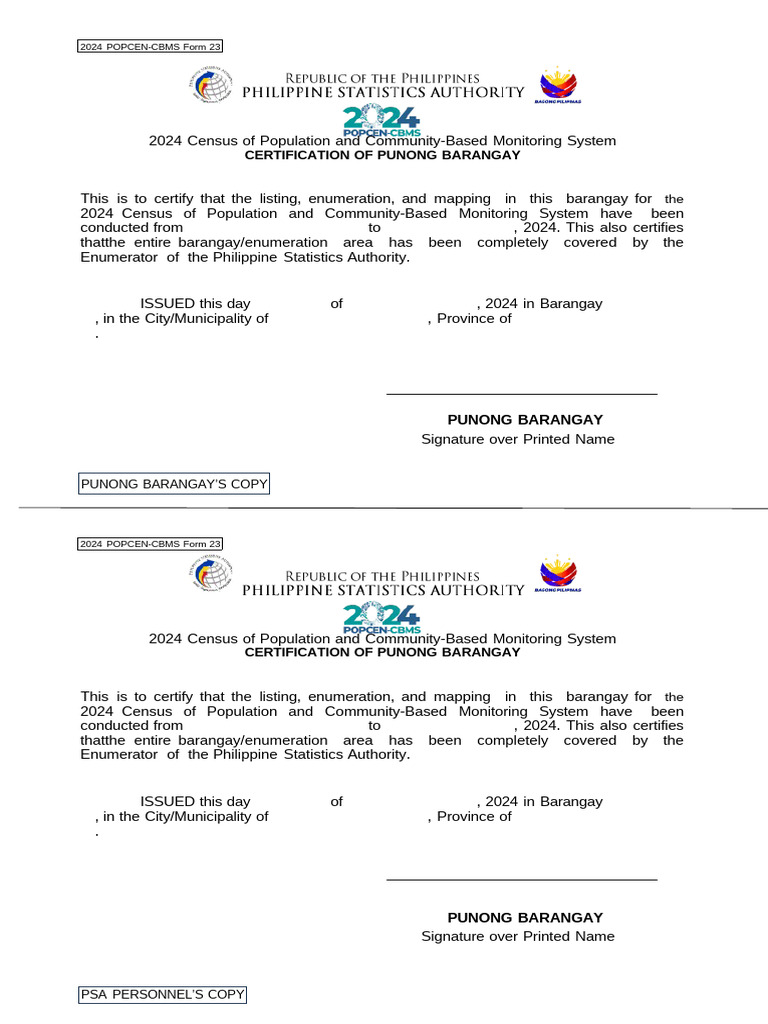 2024 Barangay Census Certification Form | PDF