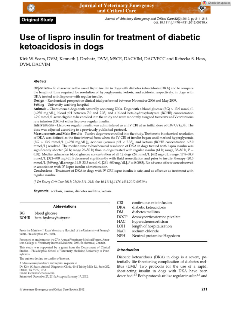 J Vet Emergen Crit Care - 2012 - Sears - Use of Lispro Insulin For Treatment of Diabetic ...