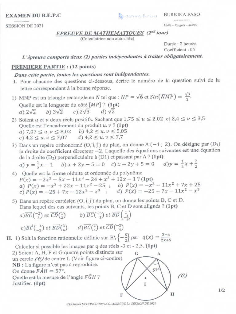BEPC2021 Maths 2nd Tour | PDF