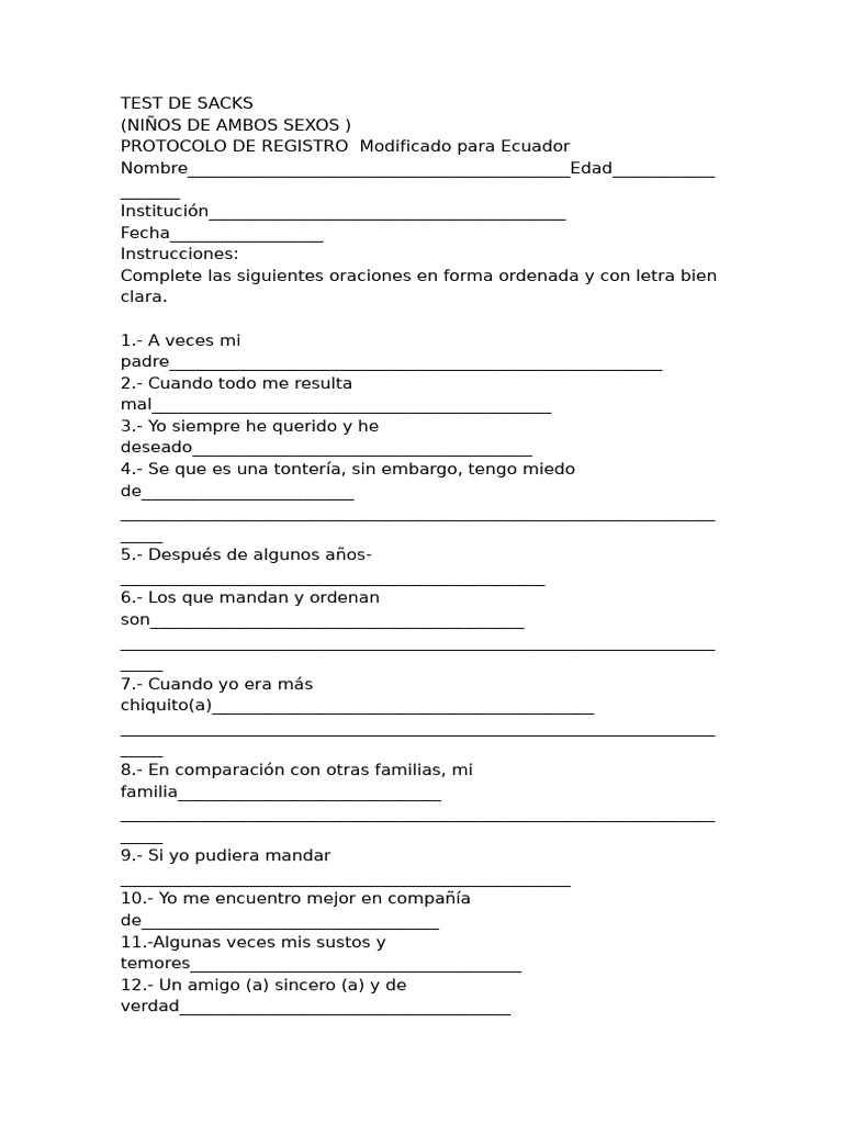 Test de Sacks Infantil en Ecuador | PDF