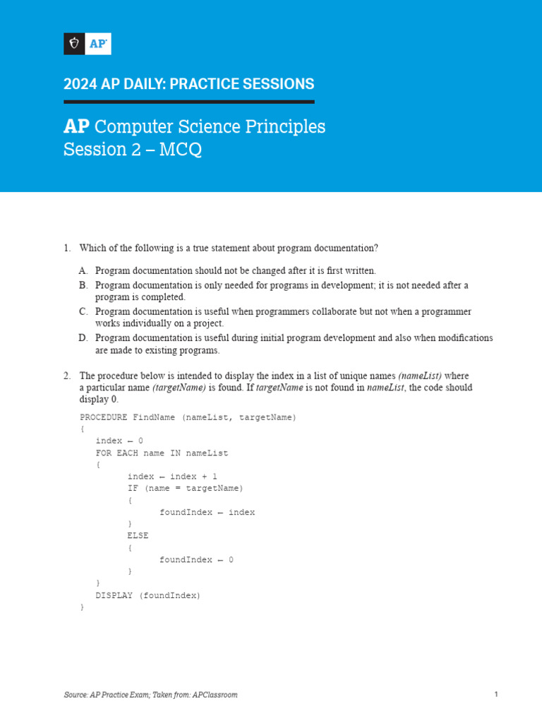 AP Computer Science Principles Session2 MCQ | PDF