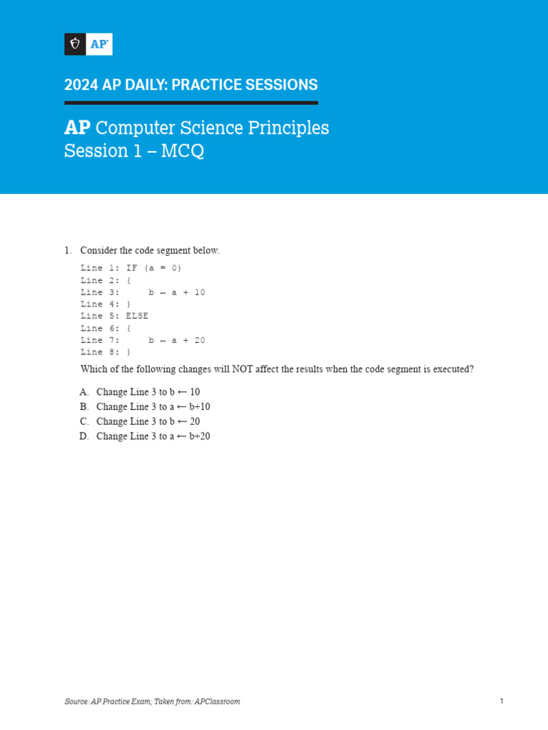 AP Computer Science Principles Session1 MCQ | PDF | Computer Programming | Mathematics