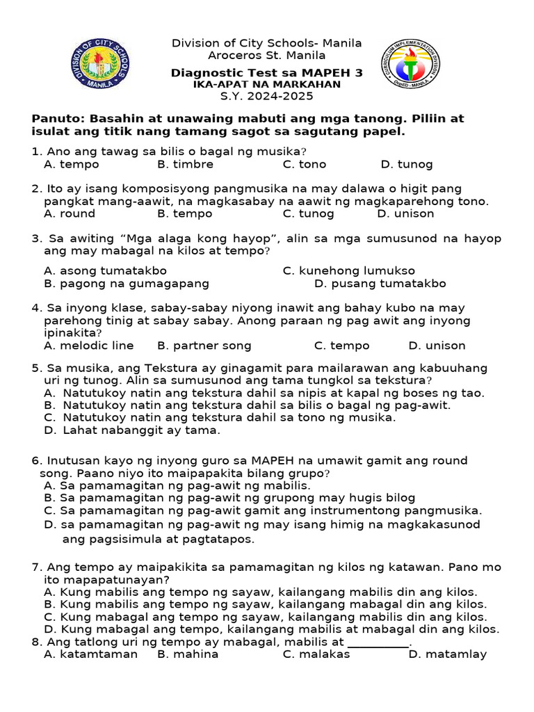 MAPEH 3 Q4 Diagnostic Test 2024 2025 | PDF