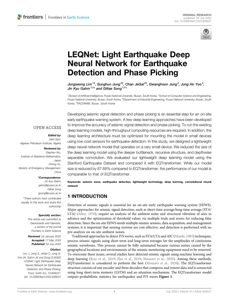 LEQNet - Light Earthquake Deep Neural Network for Earthquake Detection and Phase Picking | PDF ...