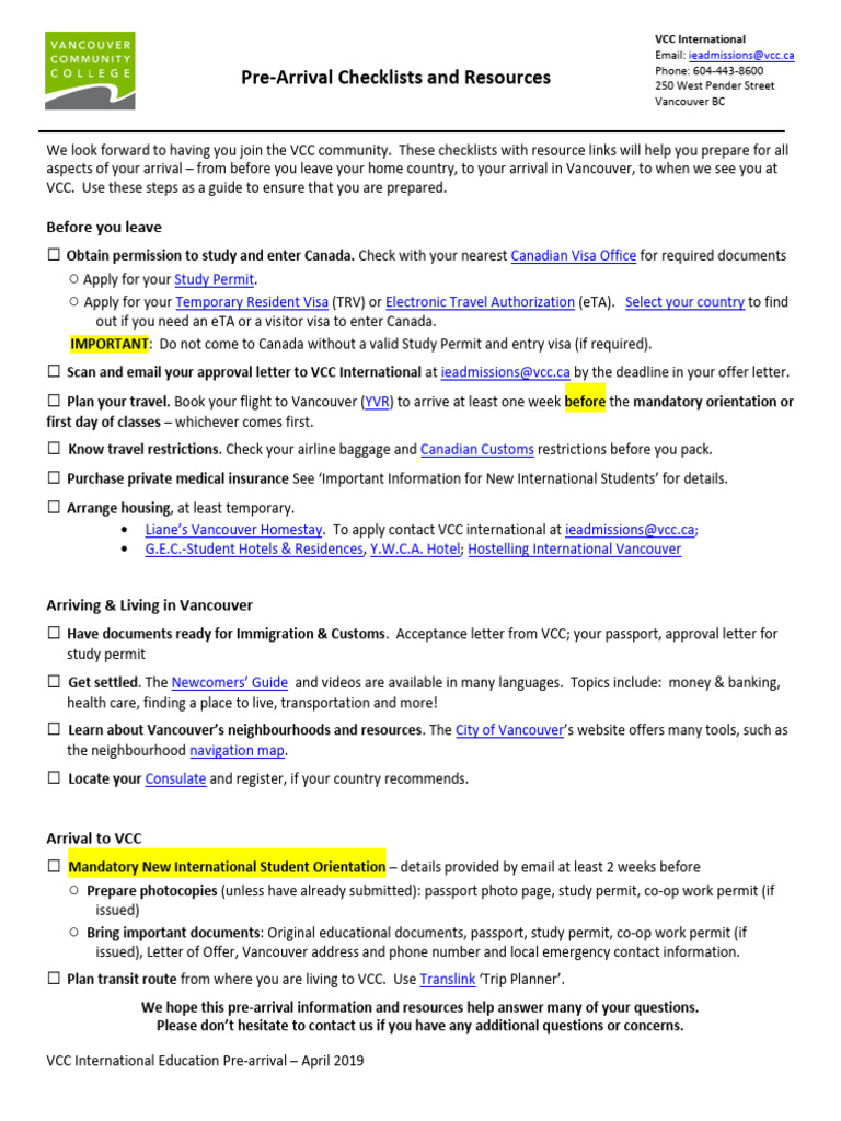 VCC International Pre-Arrival Guide | PDF | Travel Visa | Government ...