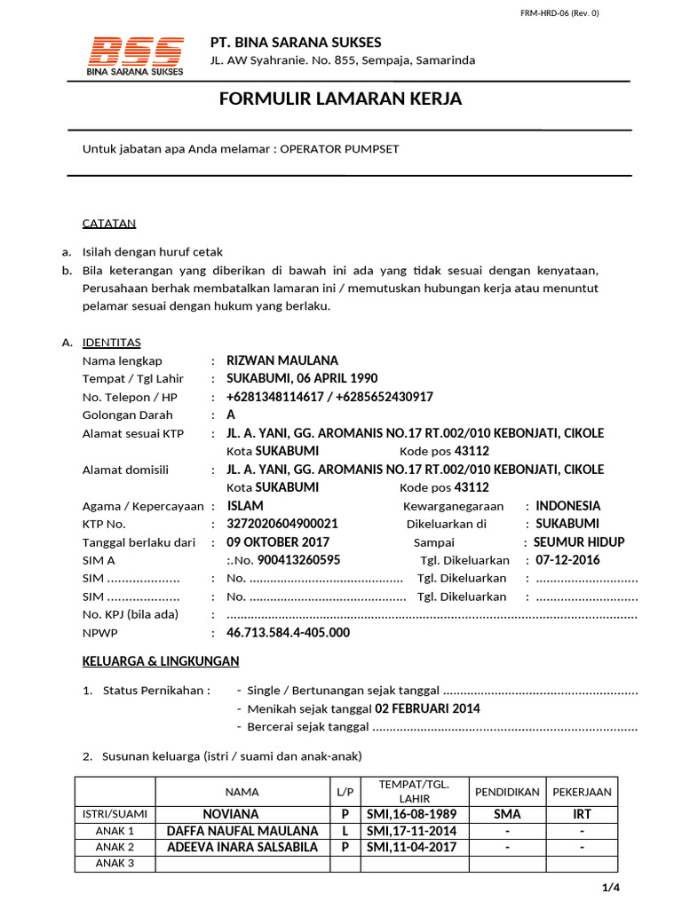 formulir lamaran kerja RIZWAN | PDF