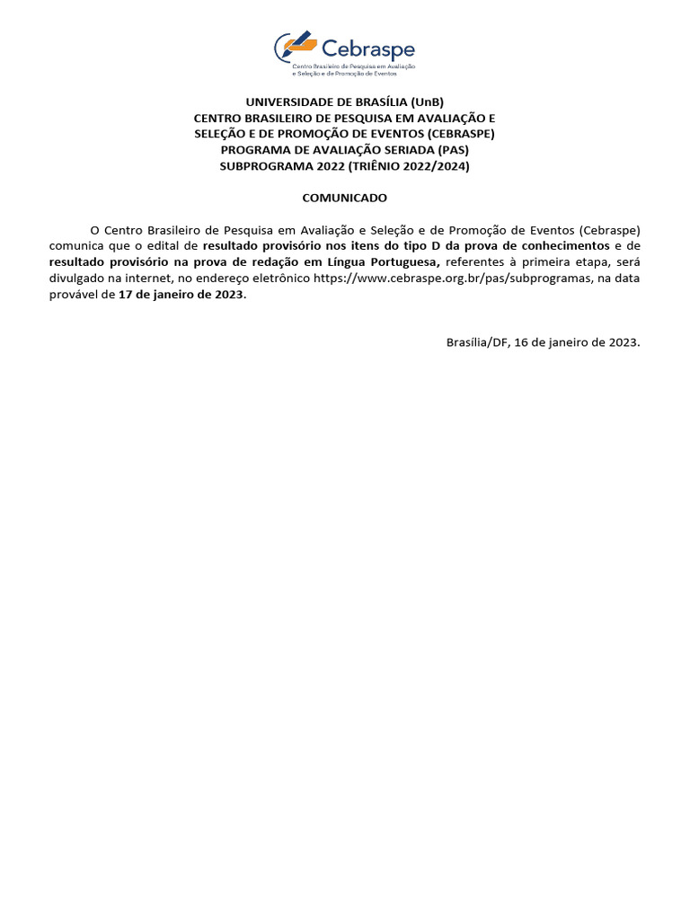 Comunicado PAS 1 UnB 2022-2024 Res Prov Itens Tipo D Redação | PDF