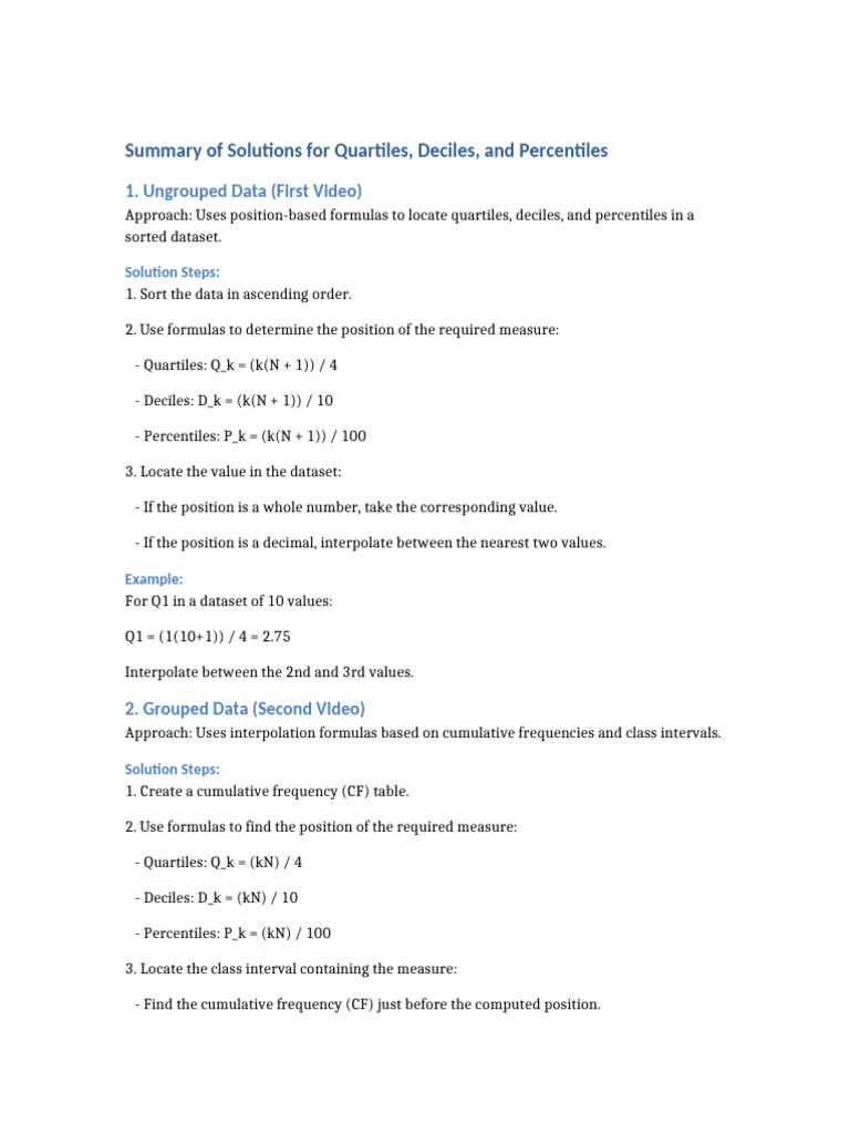 Summary of Quartiles Deciles Percentiles | PDF