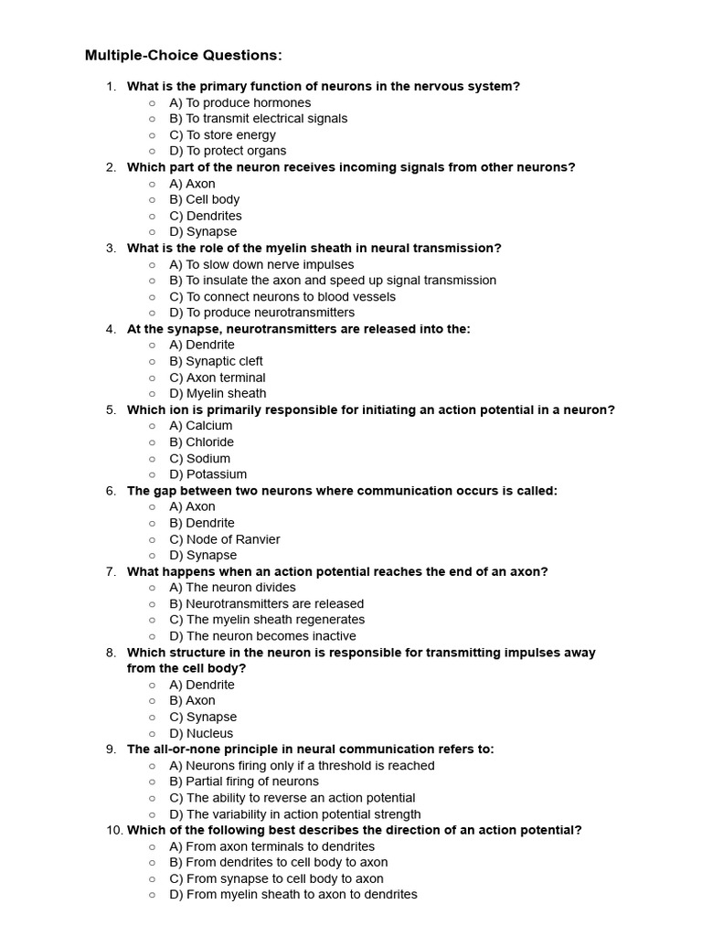 Nervous System Multiple-Choice Quiz | PDF