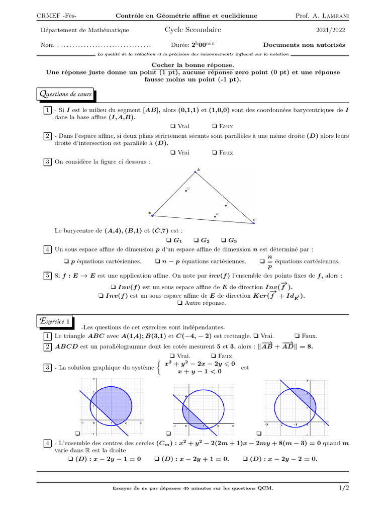 Controle Geometrie 2022 | PDF | Droite (mathématiques) | Équations
