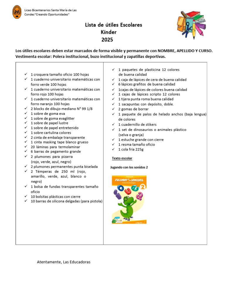 Útiles Escolares Kínder 2025 Liceo Bicentenario | PDF | Grafito ...