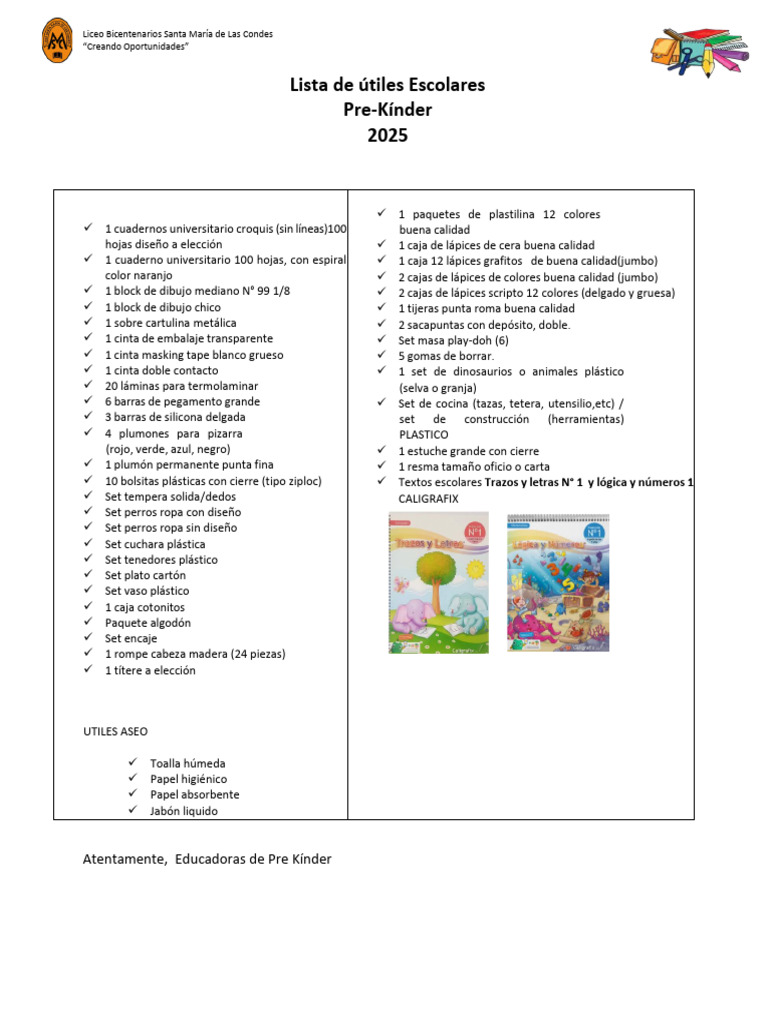 2025 Lista Utiles Pre Kinder | PDF | Lápiz | Materiales de Conservación ...