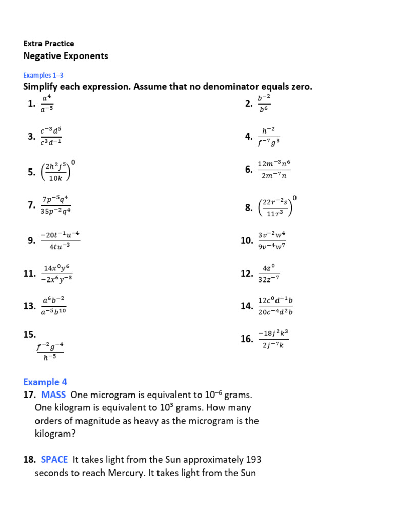 Negative Exponents Extra Practice | PDF