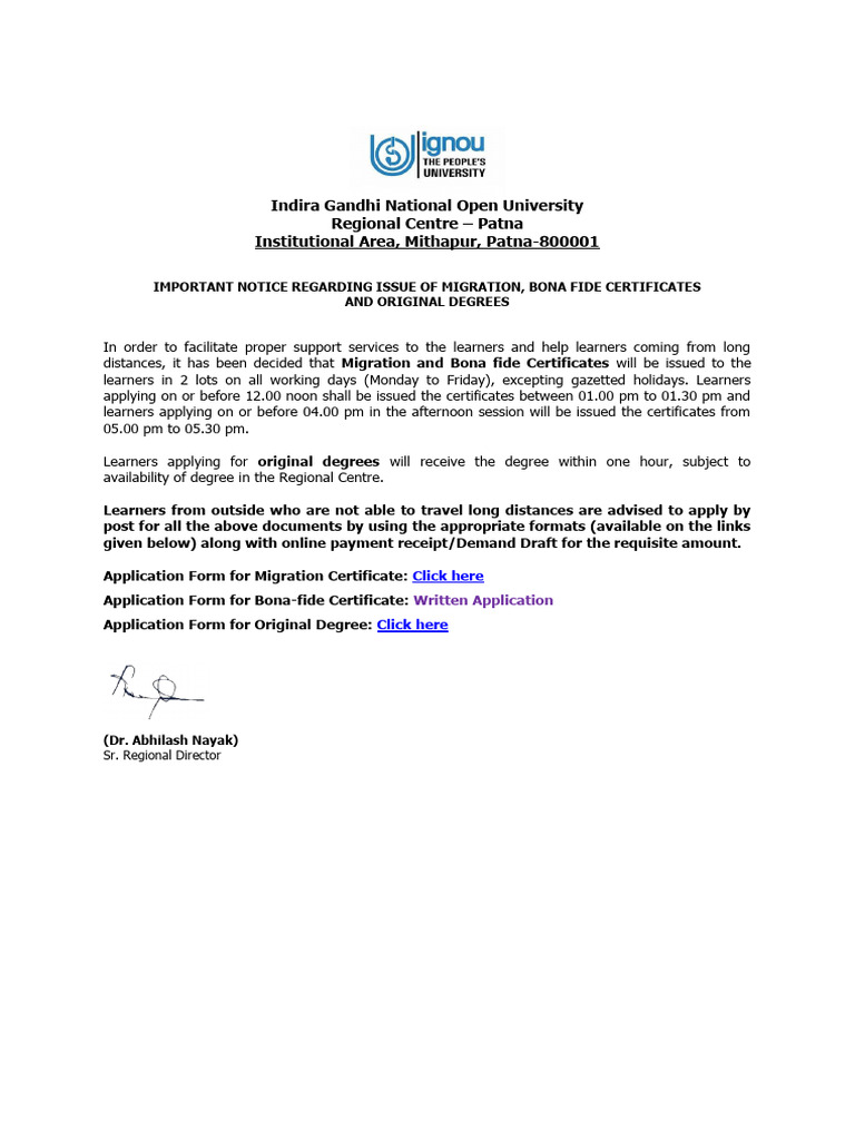 Important Notice Regarding Issue of Migration Bonafide Original Degrees ...