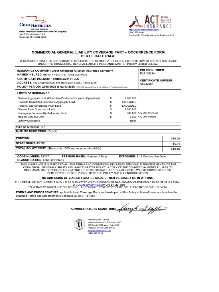 Great American Alliance Insurance Certificate | PDF | Insurance ...