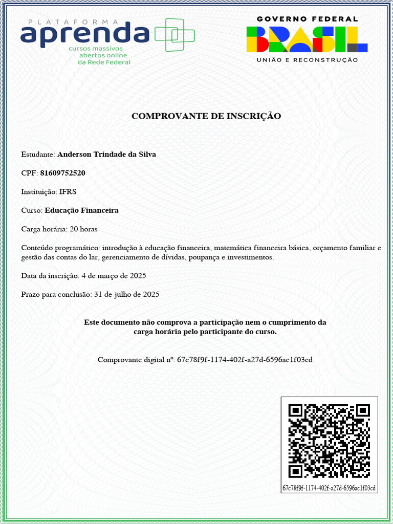 Educação Financeira-Comprovante de Inscrição 2212025 | PDF