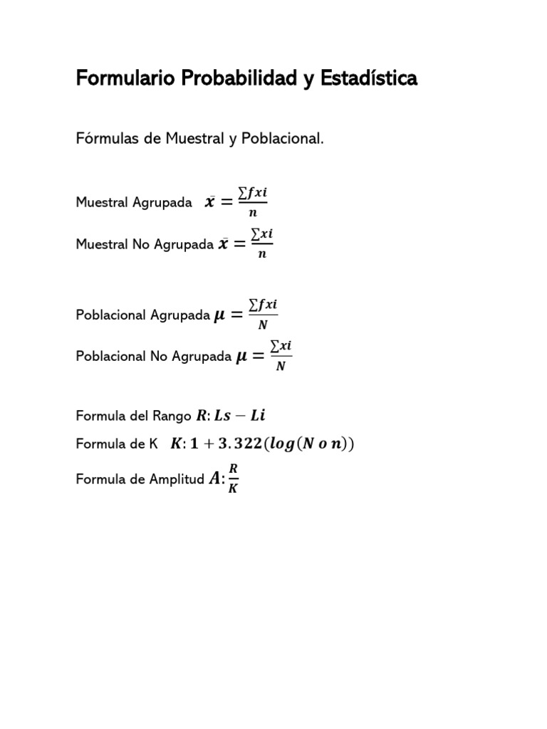 Formulario Probabilidad y Estadística 0 | PDF | Mediana | Media