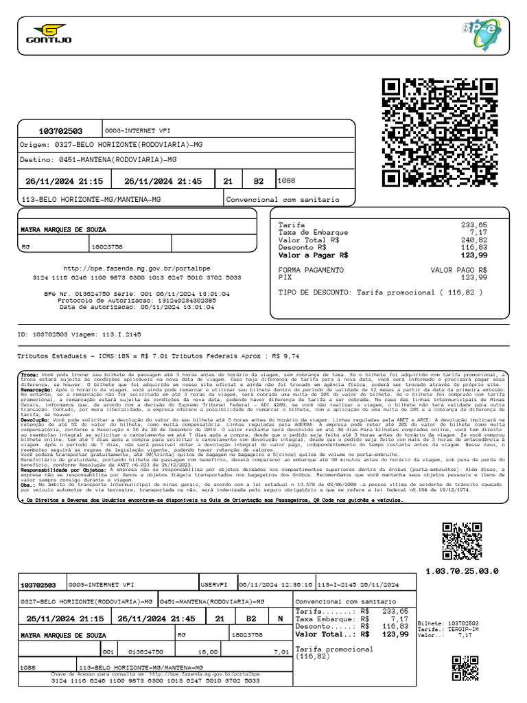 Bpe 31241116624611009873630010136247501037025033 | PDF | Transporte