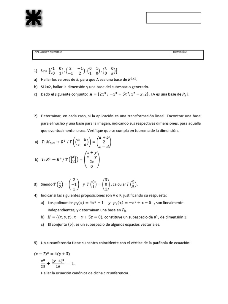 Tercer Parcial - Lgebra y Geometr-A Anal-Tica 2024 | PDF