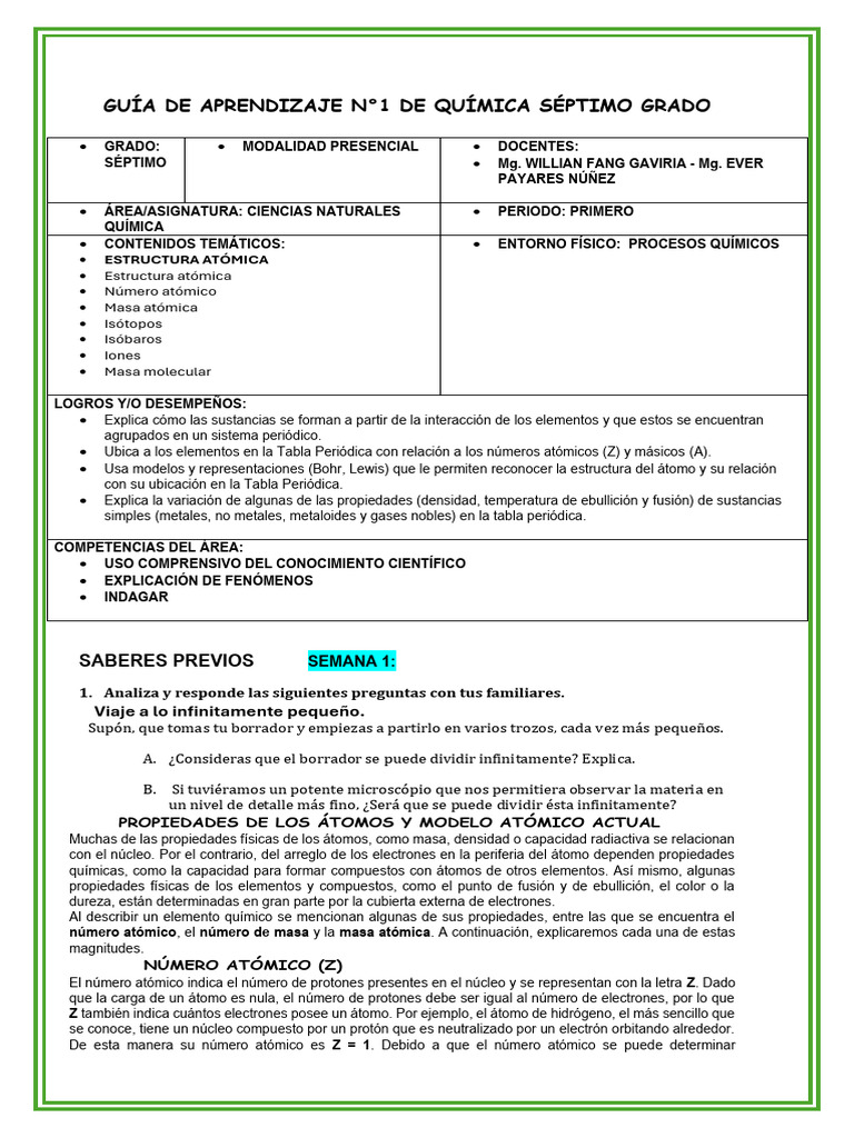 GUÍA DE APRENDIZAJE N 1 Química 7 | PDF | Isótopo | Átomos