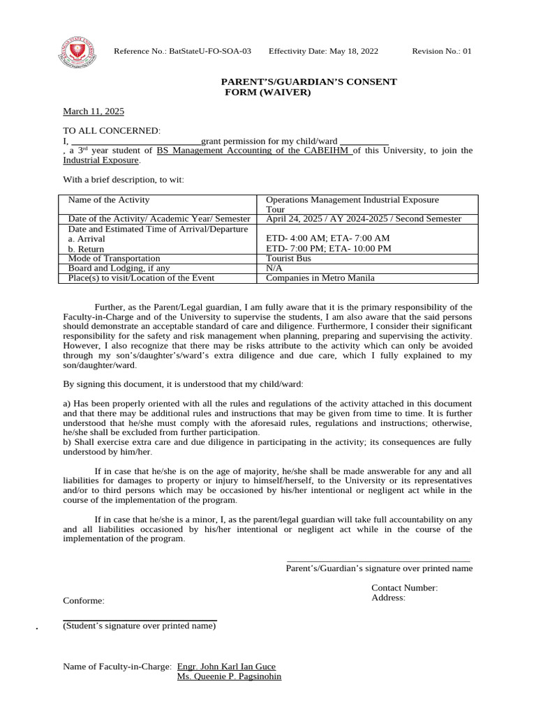 TOUR Sample Parents Consent Form Waiver | PDF | Justice | Crime & Violence