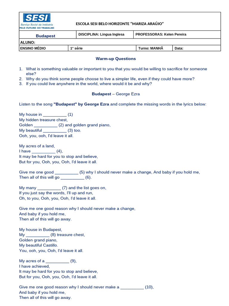 Budapest Song Lyrics Activity | PDF