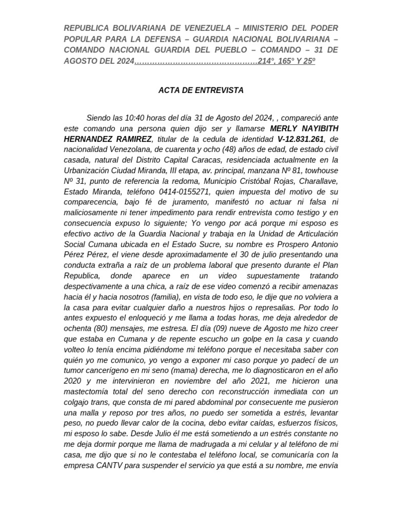 Acta de Entrevista de Merly Nayibith Hernandez Ramirez | PDF