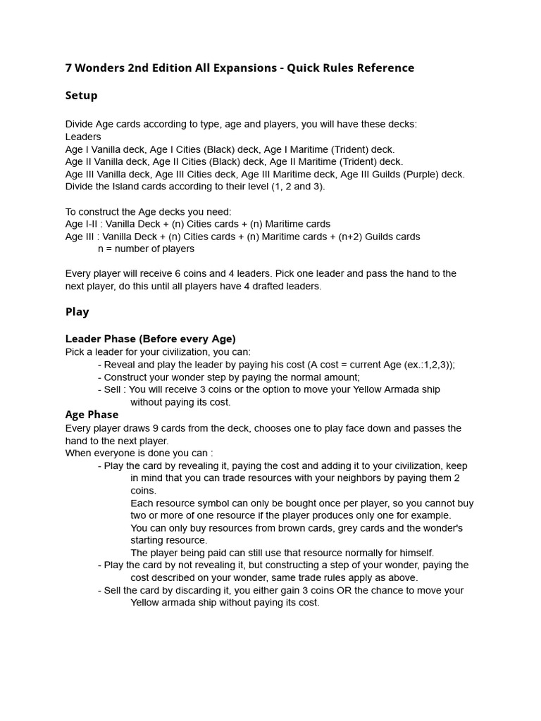 7 Wonders 2nd Edition All Expansions - Quick Rules Reference v1.1 | PDF ...