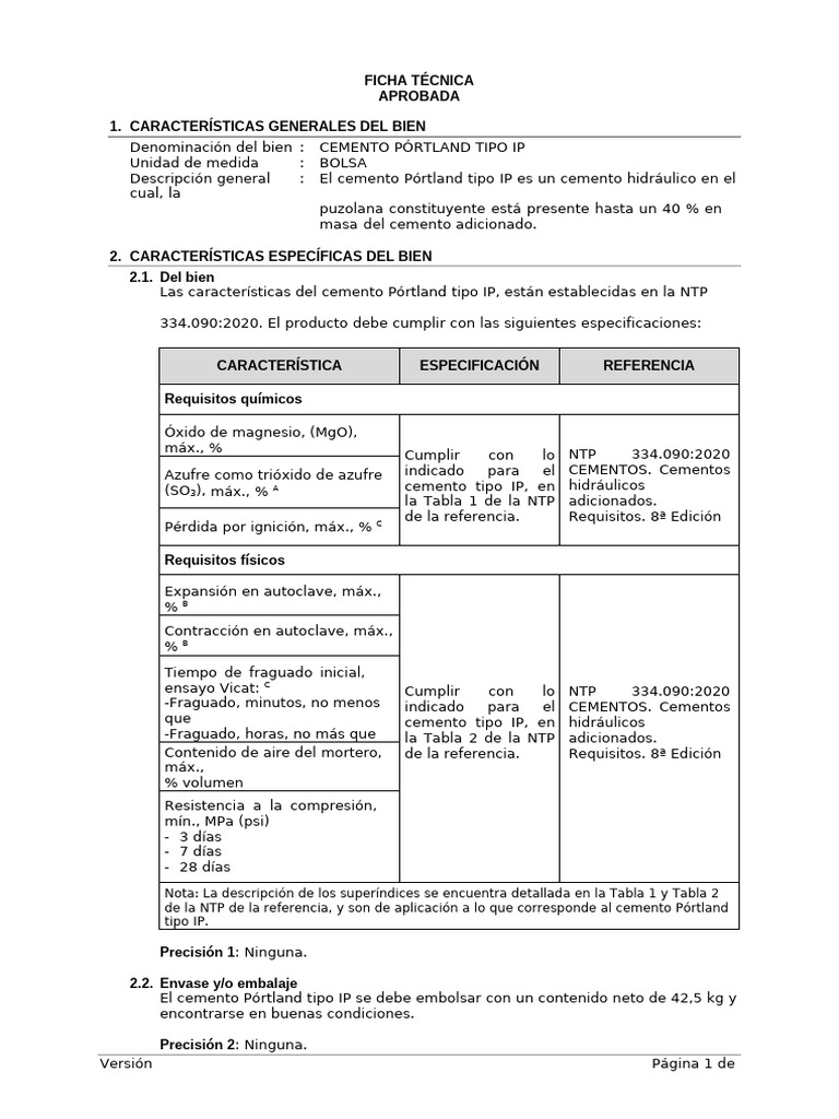 4.-Ficha Tecnica Cemento | PDF | Cemento | Materiales de construcción
