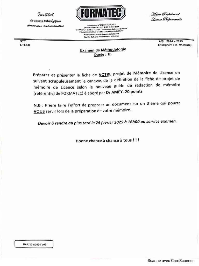 Examen de Méthodologie LP3-S1 | PDF