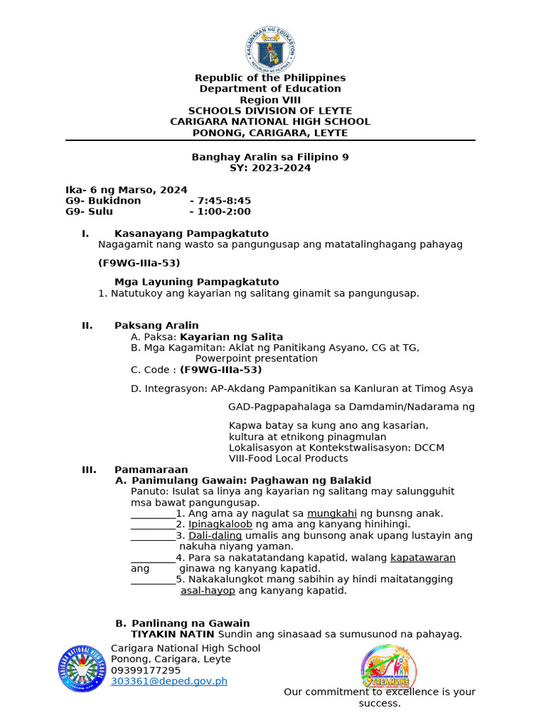 LP Q3 FILIPINO 9 Kayarian NG Salita | PDF