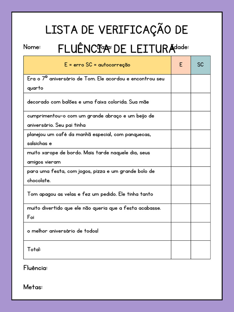 Reading Fluency Assessment Colorful Checklist Grid (Português) PDF | PDF