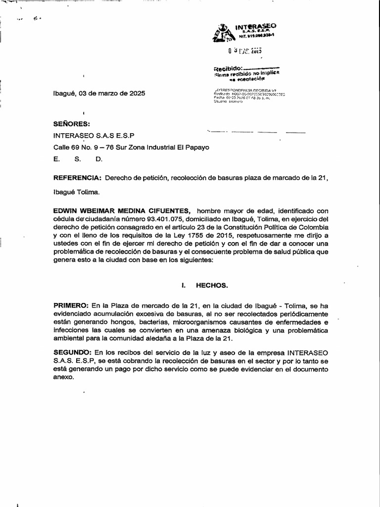 Derecho de Petición InterAseo | PDF