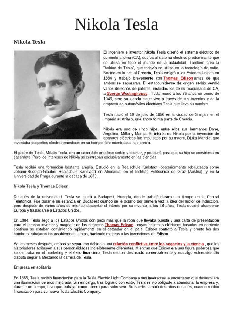 Biografía de Nikola Tesla | PDF | Thomas Edison | Nikola Tesla