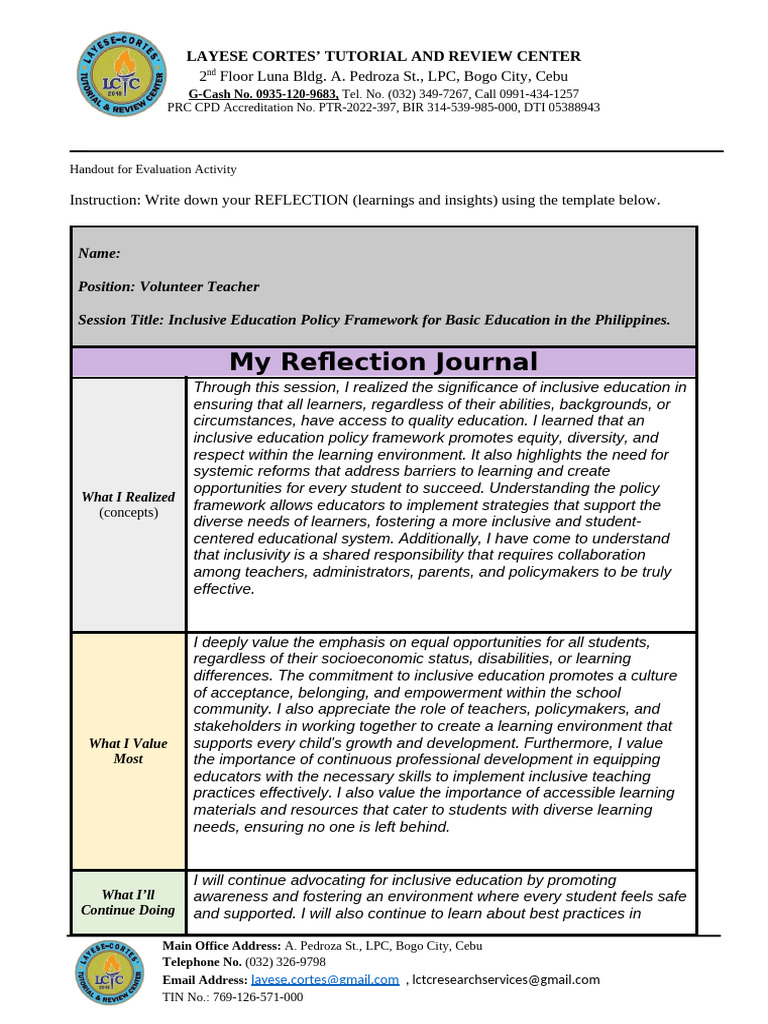 Inclusive Education Policy Reflection | PDF | Inclusion (Education ...