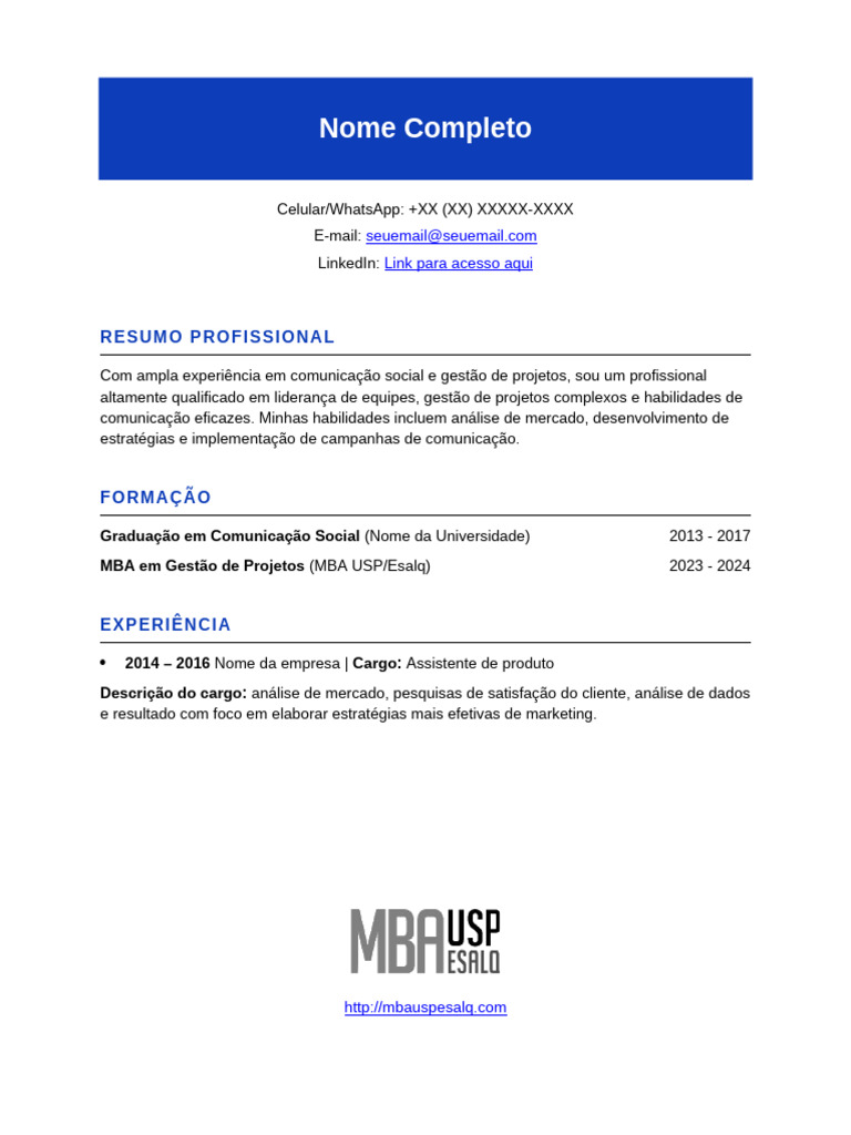 1681335564997Modelo de Curr%C3%ADculo Profissional - MBA USP Esalq | PDF