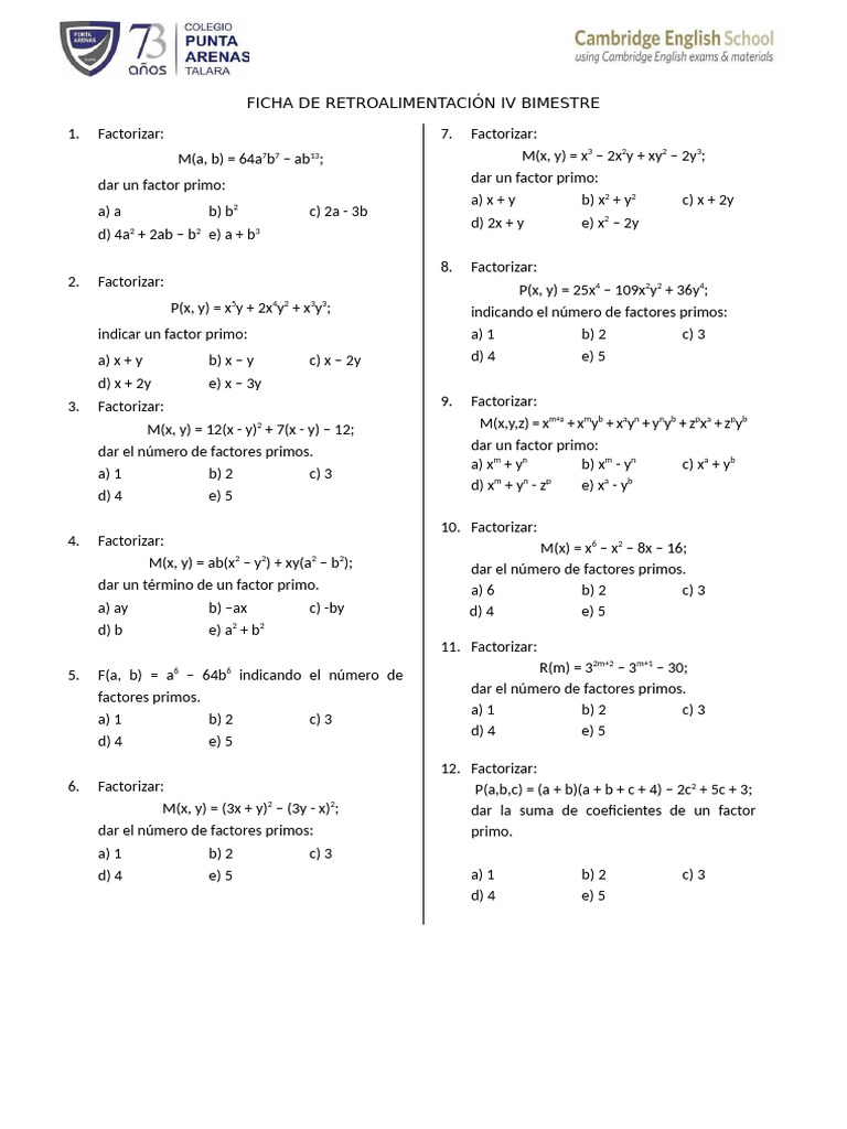 Ficha de Retroalimentaciã N Iv Bimestre Algebra 4 | PDF | Matemática Elemental | Álgebra