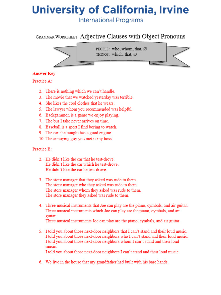 Adjective Clauses Practice Worksheet | PDF | Linguistic Typology ...