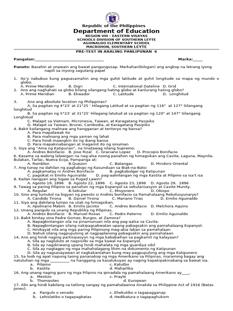 Diagnostic Test in Ap With Tos and Key Ans | PDF