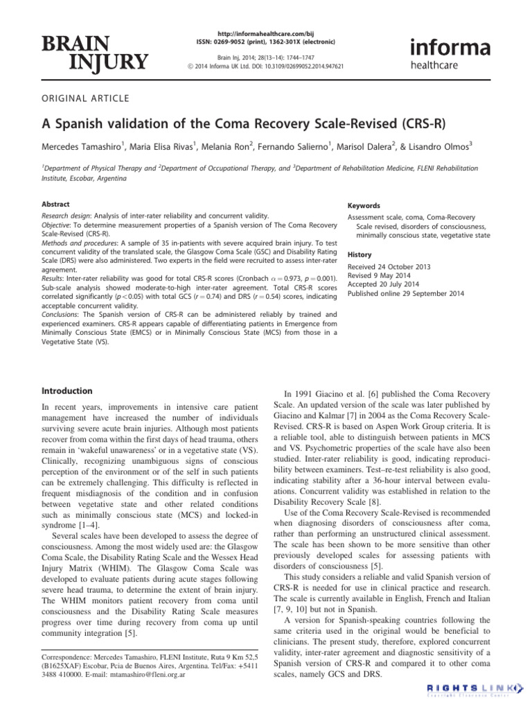 Spanish Validation of CRS-R Scale | PDF | Coma | Traumatic Brain Injury